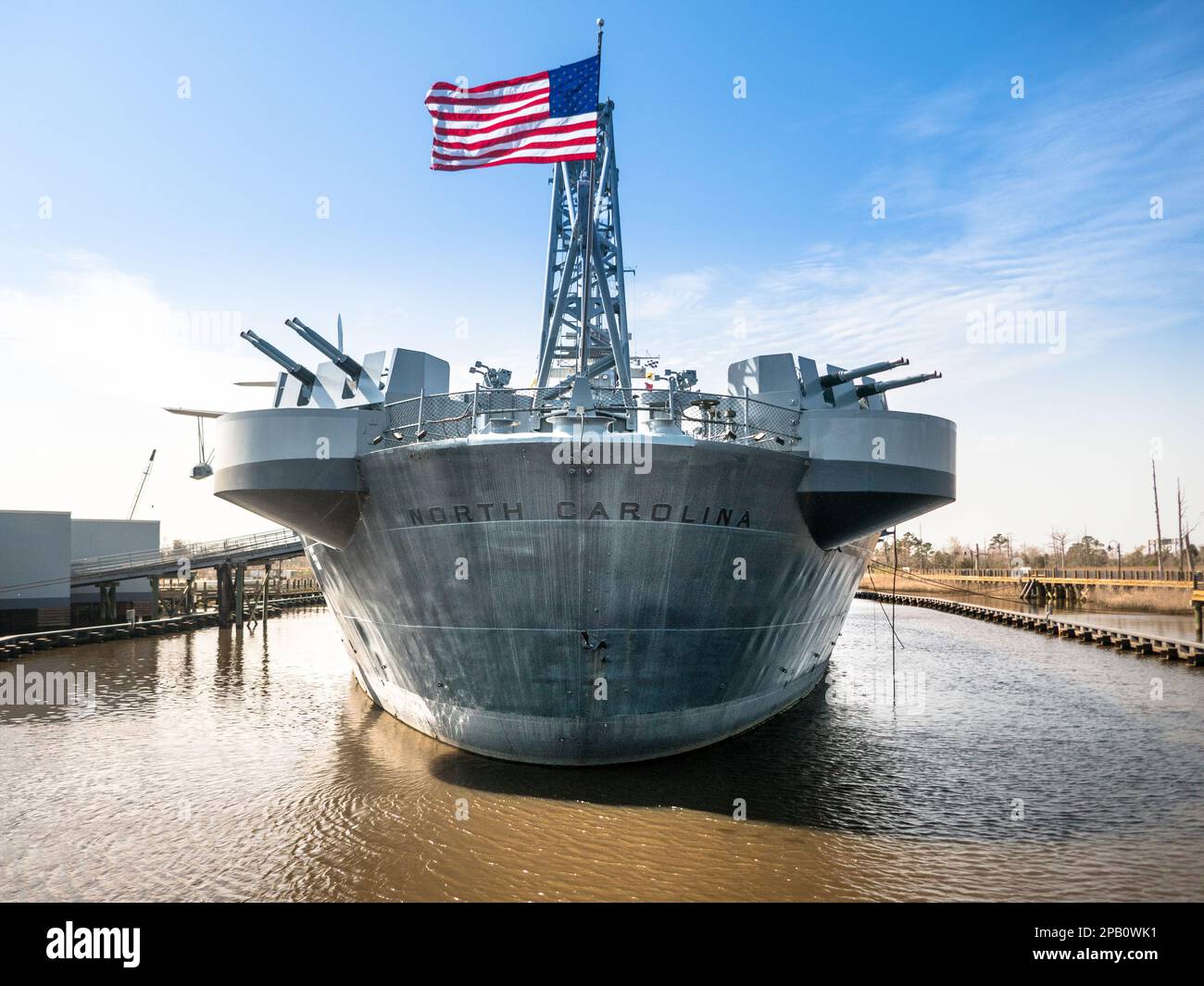 Battleship North Carolina. View from shore of stern with name of ...