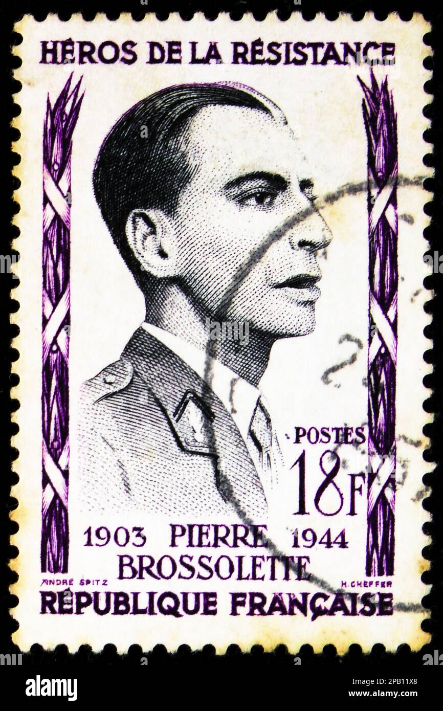 MOSCOW, RUSSIA - FEBRUARY 15, 2023: Postage stamp printed in France shows Pierre Brossolette ...