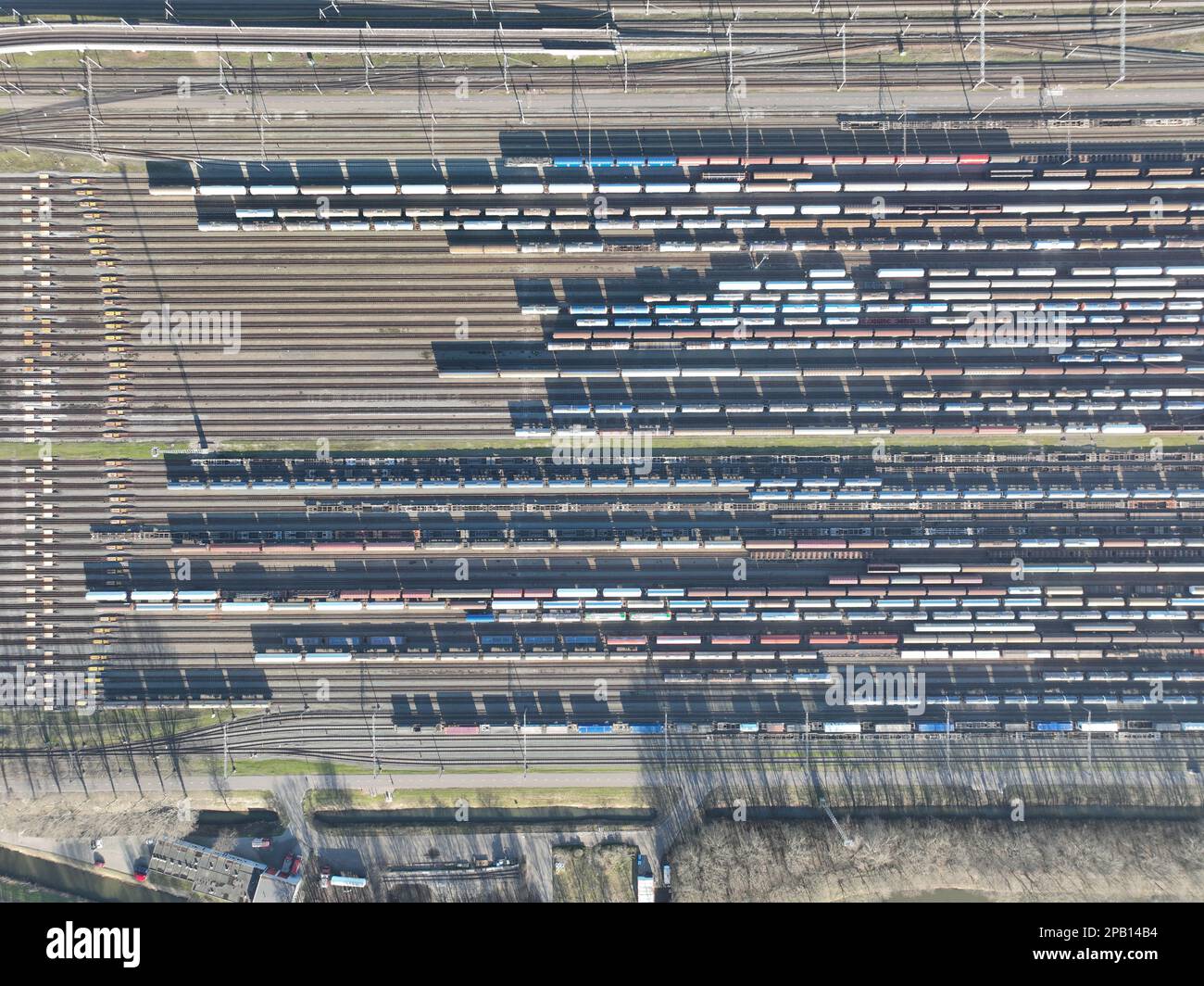 Aerial drone footage top down view of a picturesque locomotive depot ...