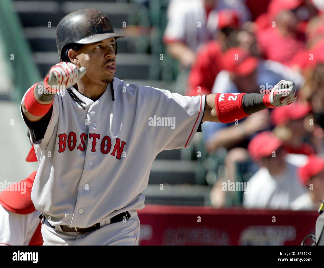 Boston Red Sox' Manny Ramirez reacts after hitting a fourth-inning home ...