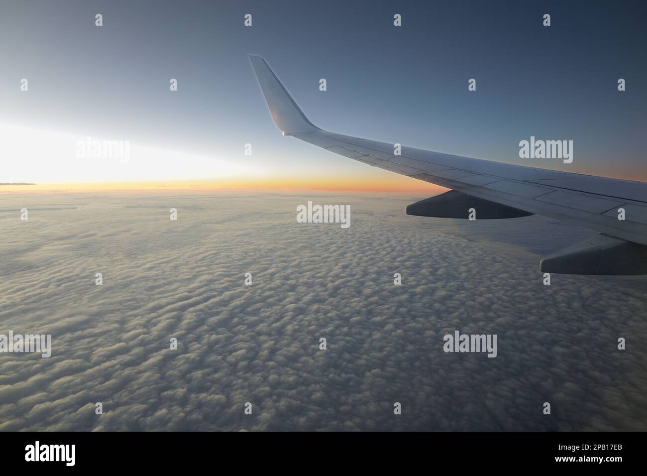 Commercial airlines aeroplane above the clouds very early in the ...