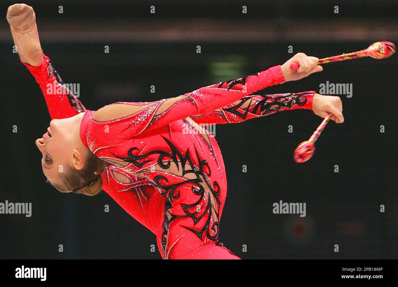 Vera Seshina of Russia performs in the individual Clubs during Aeon Cup ...