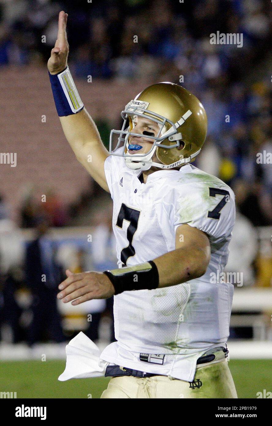 Notre Dame quarterback Jimmy Clausen celebrates at the Rose Bowl after ...