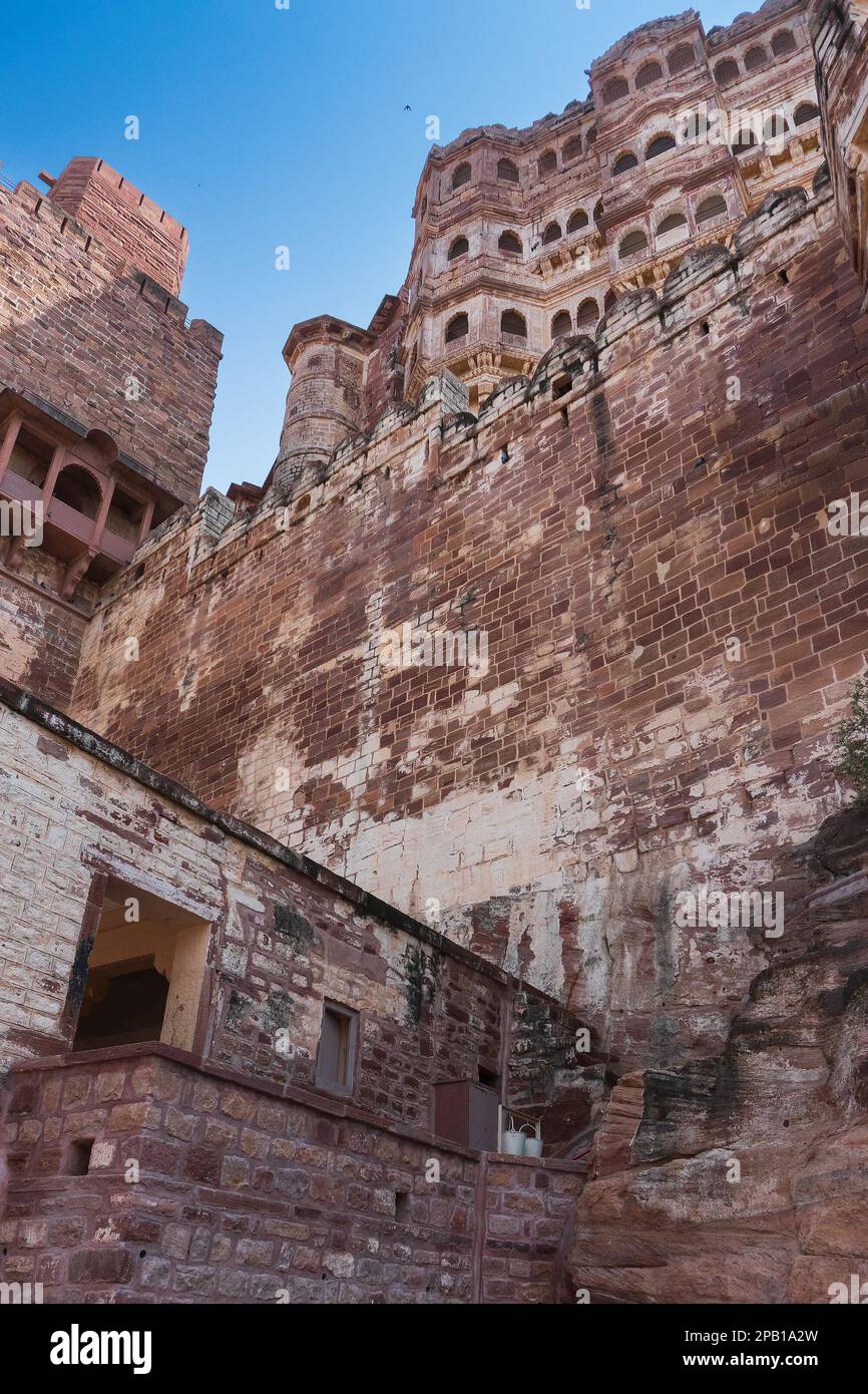 View of ancient huge stone walls of famous Mehrangarh fort , Jodhpur ...