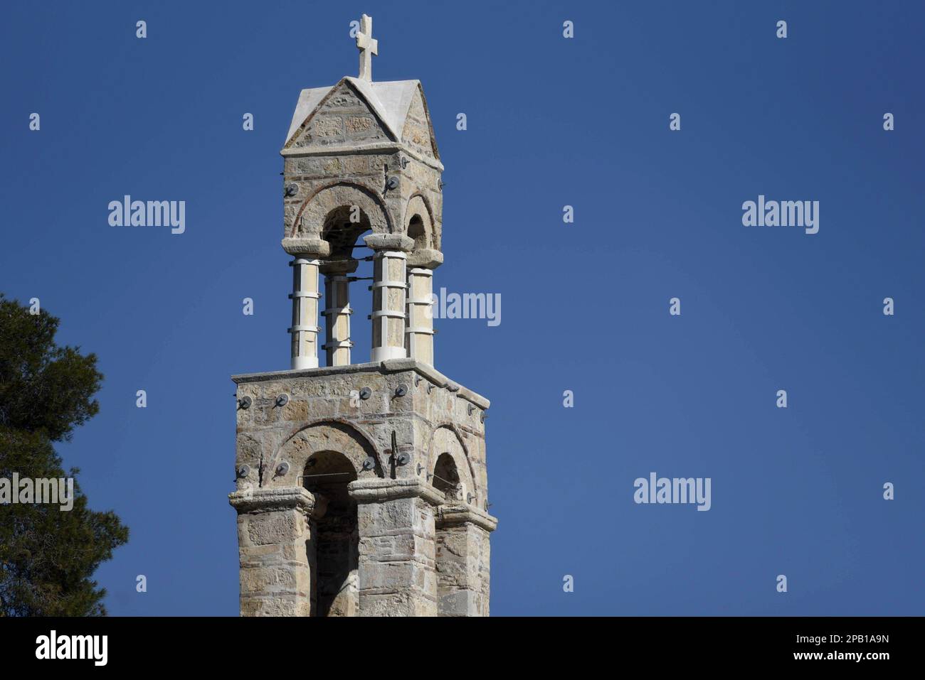 Scenic bell tower view of Panaghia Mesosporitissa a Byzantine single ...