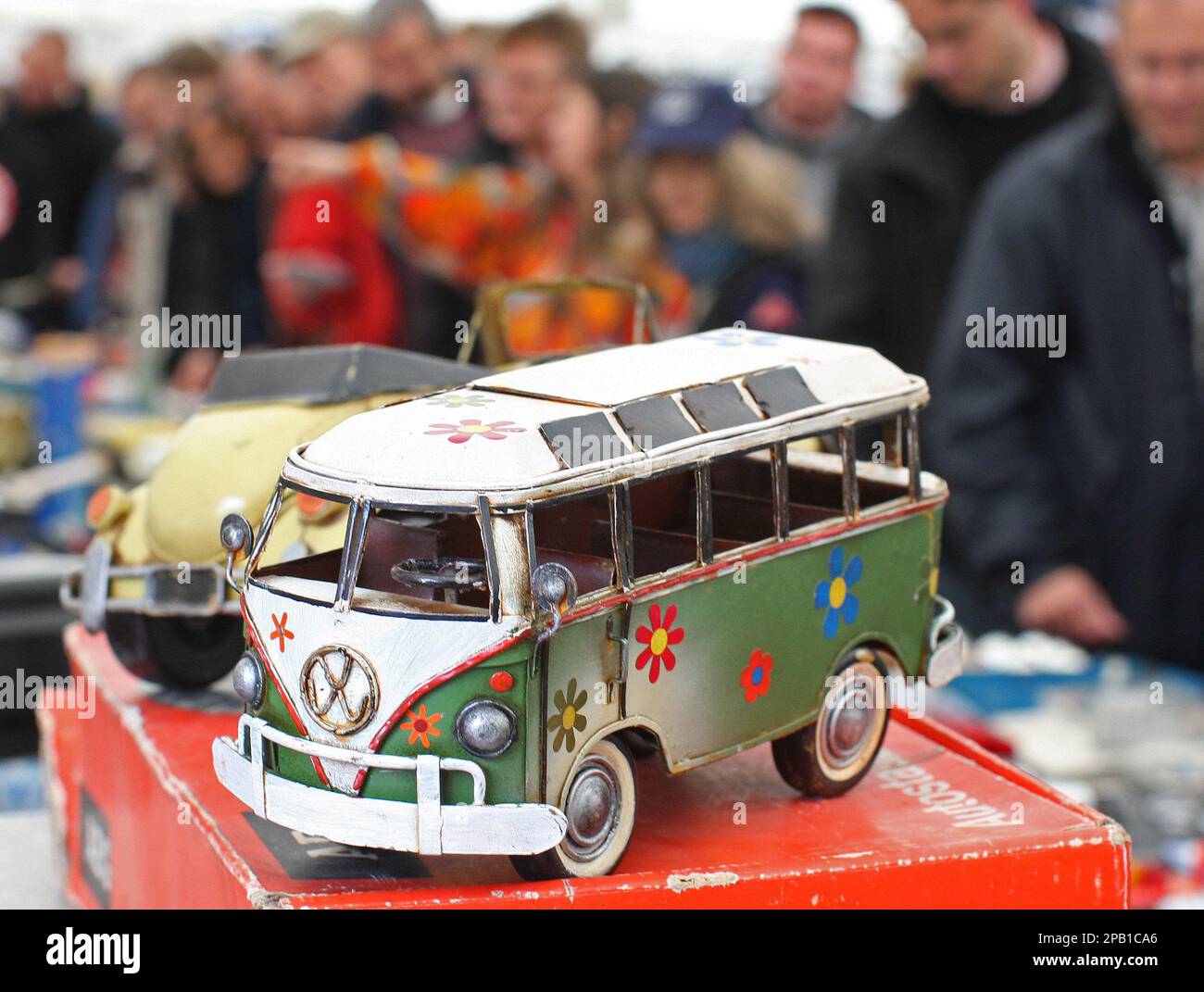 The model of a Volkswagen bus is seen at a booth in Hanover, Germany ...