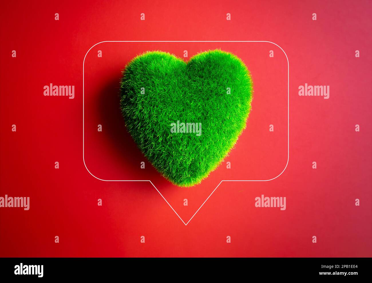 Green heart ball in speech bubble on red background. Green grass heart ...