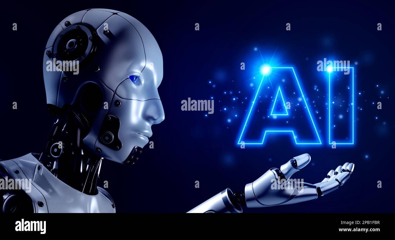 Close-up 3d rendering humanoid robot portraits holding AI tech, shining hologram text glowing on ...