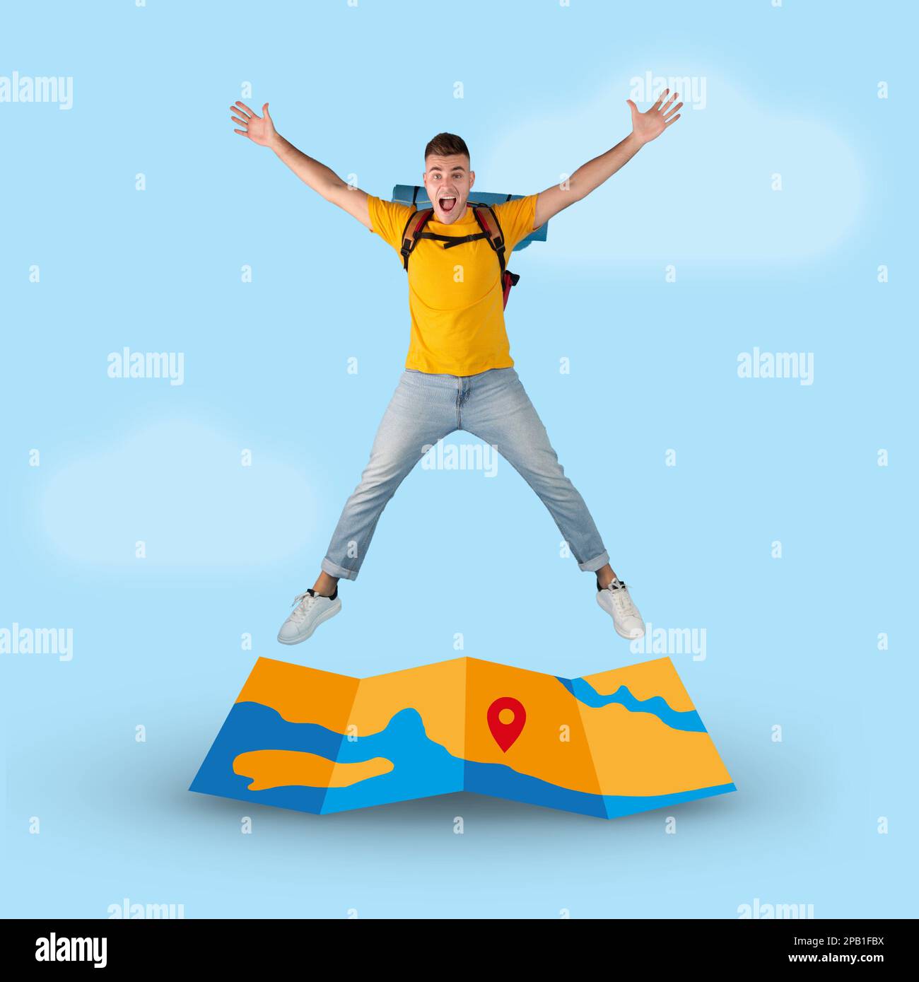 Cheerful excited millennial european man tourist with backpack jumping ...