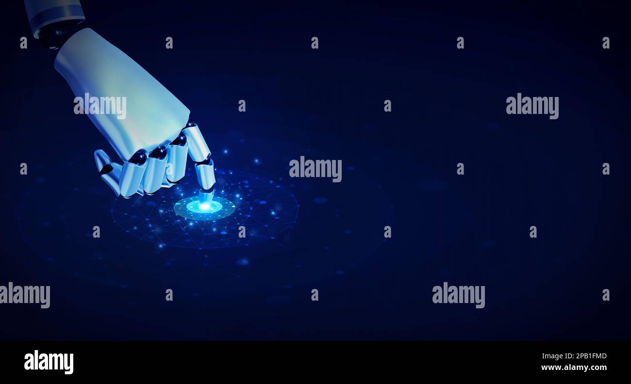 3d rendering humanoid robot hand touch on digital cyberspace button ...