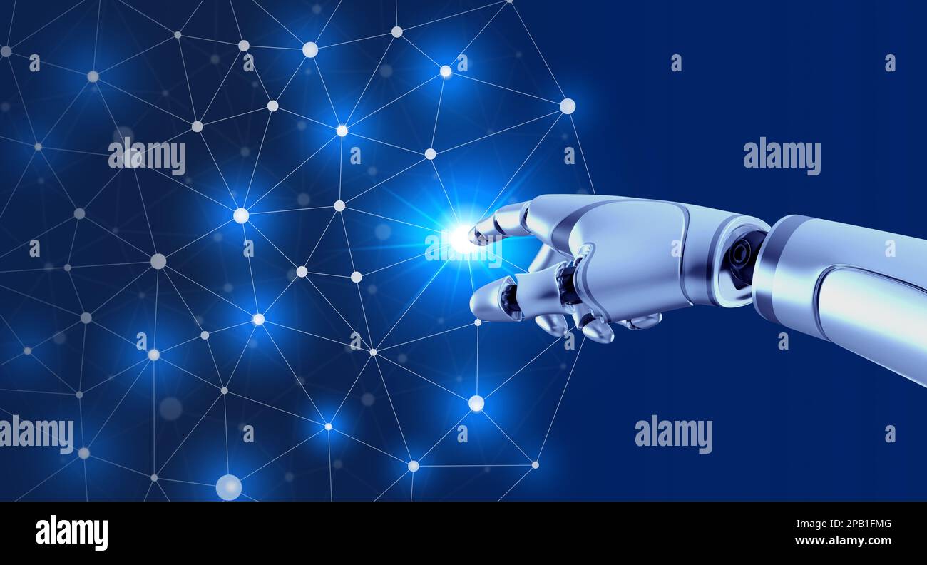 3d rendering humanoid robot's hand touch on digital world, circle ...