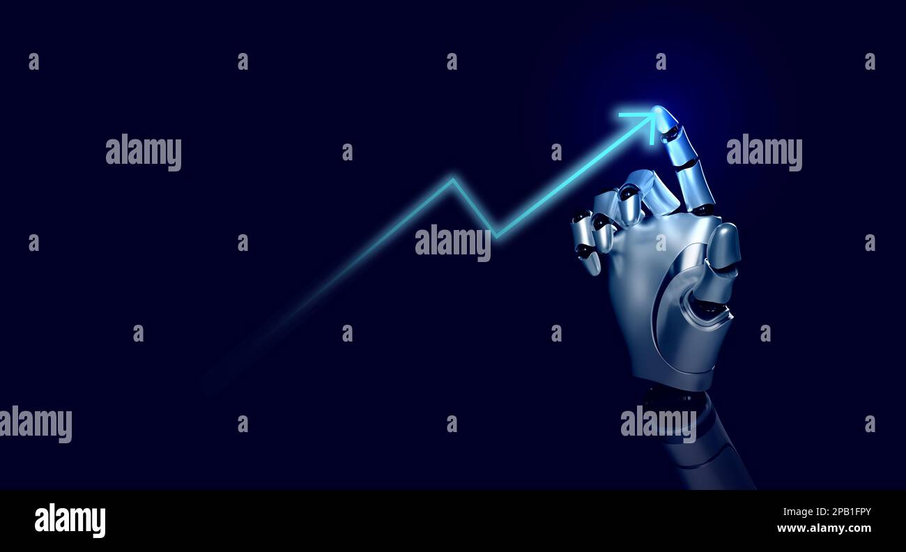 3d rendering smart robot's hand draws rising futuristic arrow on blue ...