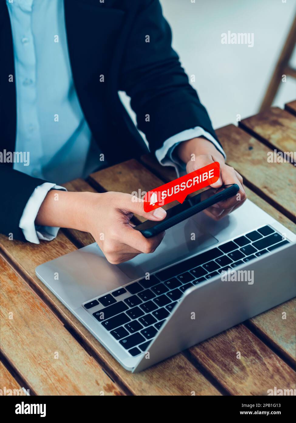 Subscription concept. Red subscribe button with bell icon appear on ...