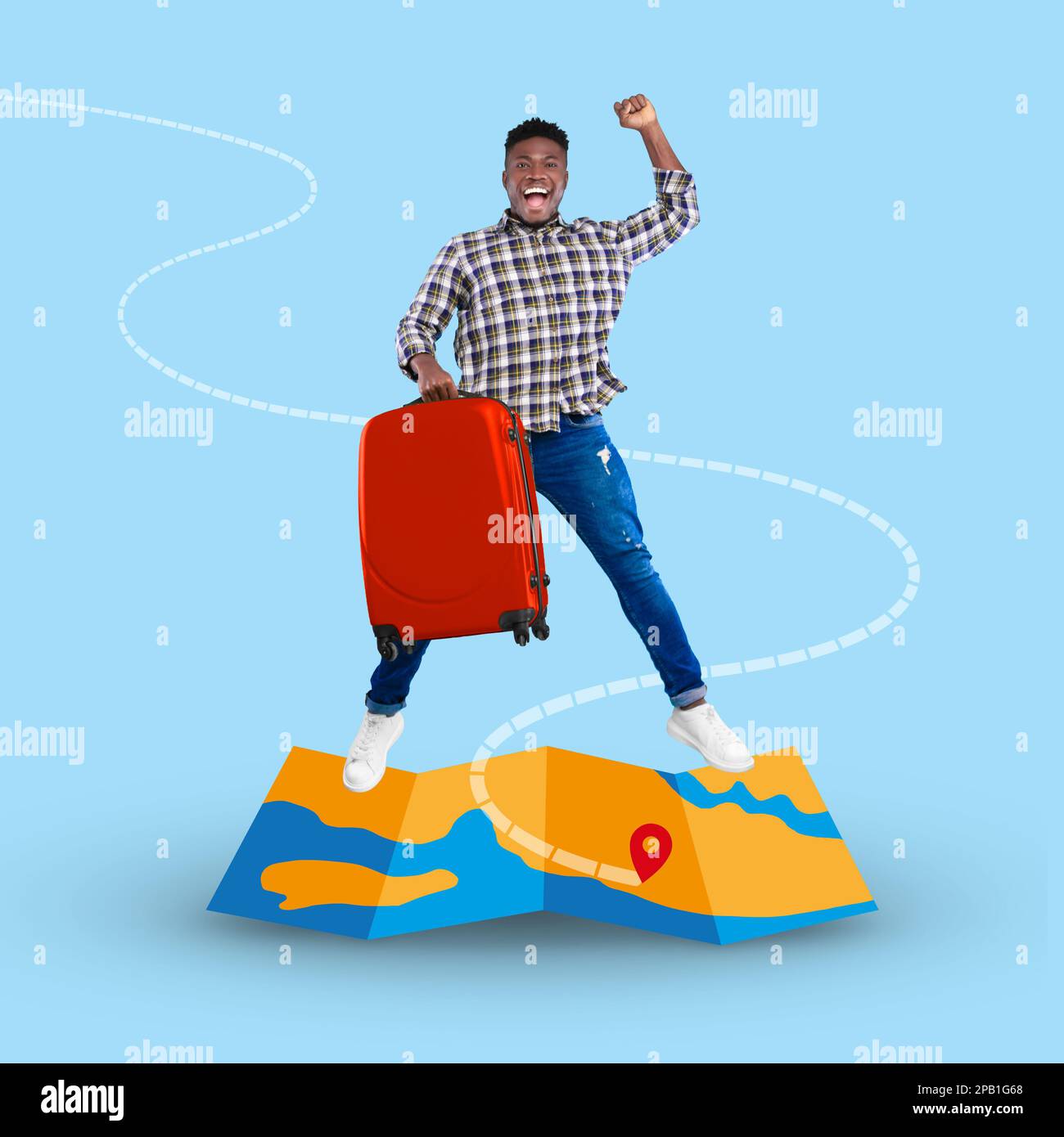 Cheerful excited young black guy tourist with suitcase jumping ...