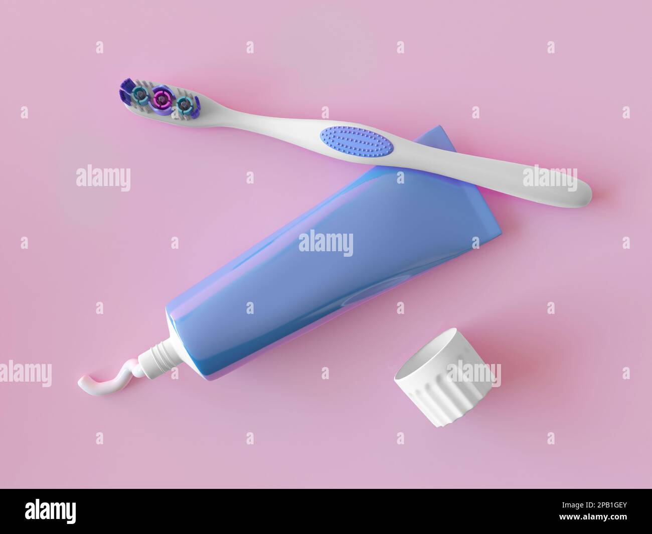 The blue tube of toothpaste is open, the lid is white, a professional ...