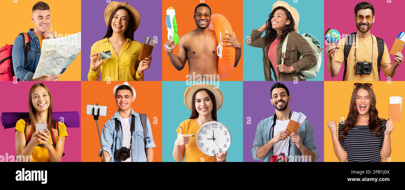 Excited cheerful multiracial millennials having fun on vacation ...