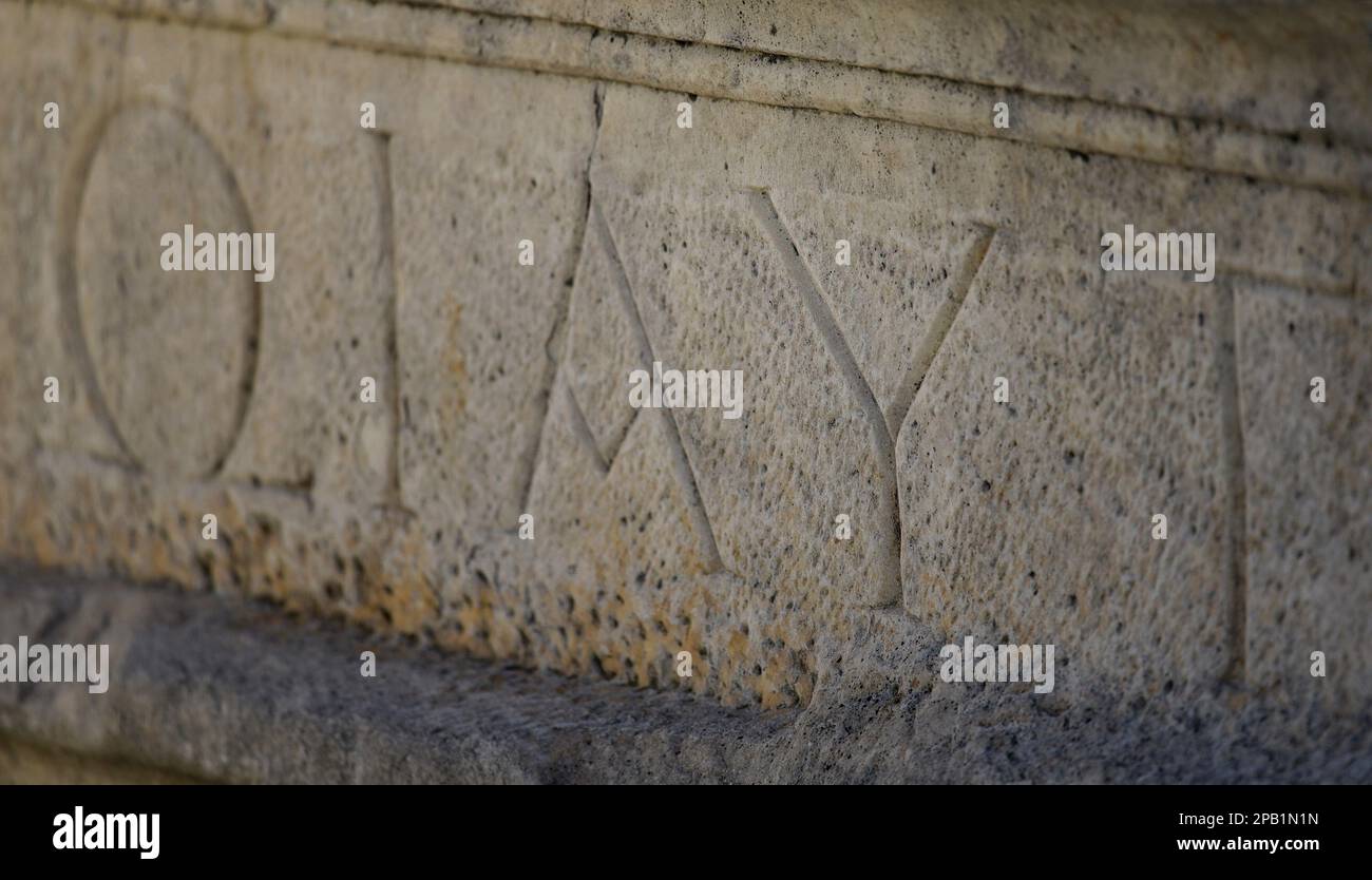 Ancient Greek fragmentary marble inscription at the Archaeological site ...
