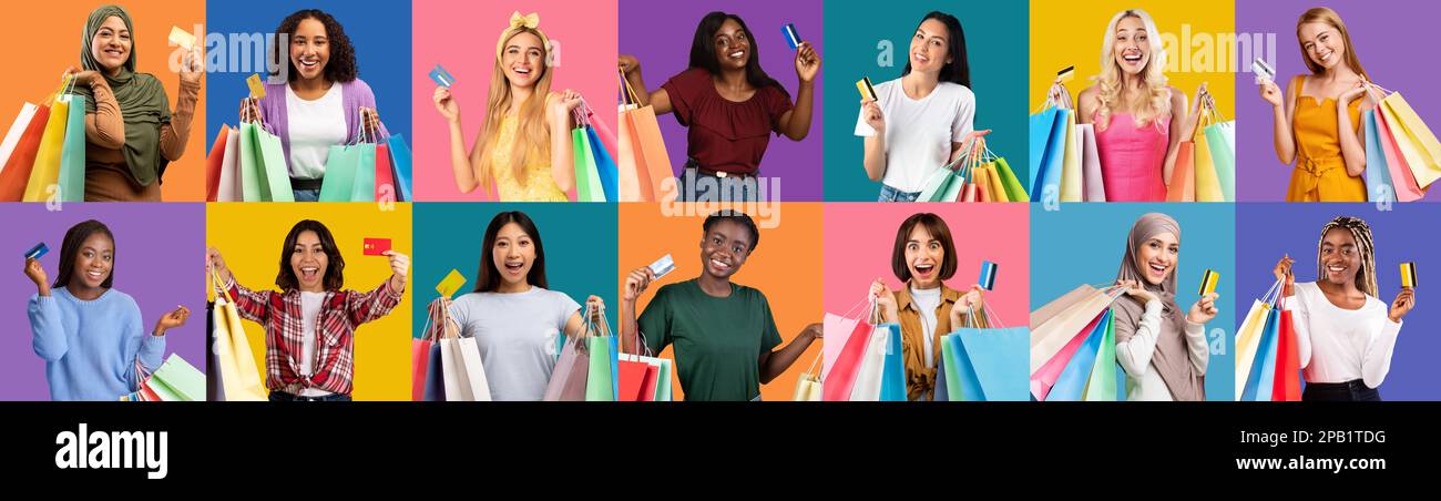 Consumerism. Collage With Happy Multicultural Women Holding Shopping ...