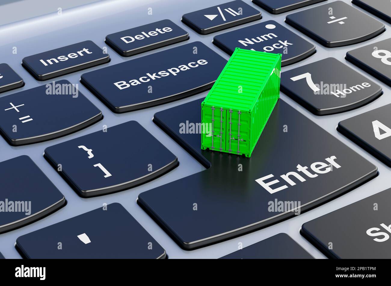 Cargo container on laptop keyboard, 3D rendering isolated on white ...