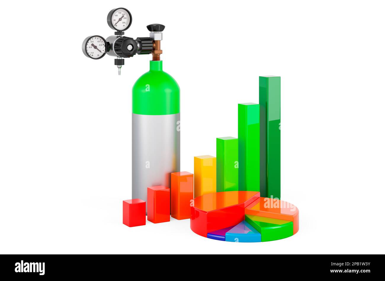Gas cylinder with growth bar graph and pie chart. 3D rendering isolated ...