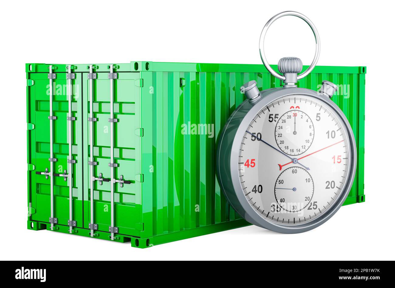 Green cargo container shipping freight with stopwatch, 3D rendering isolated on white background ...
