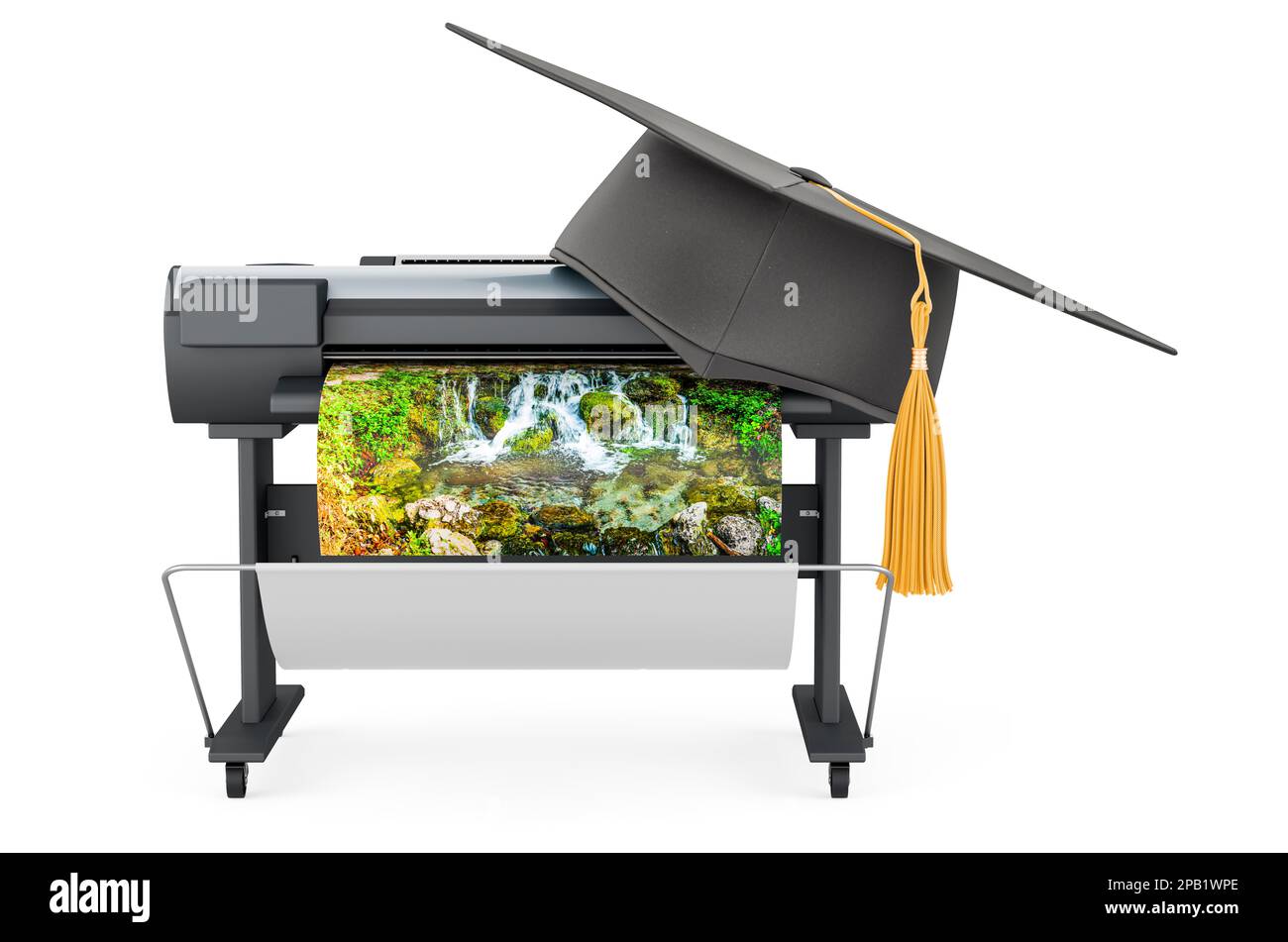 Plotter, large format inkjet printer with education hat. 3D rendering ...
