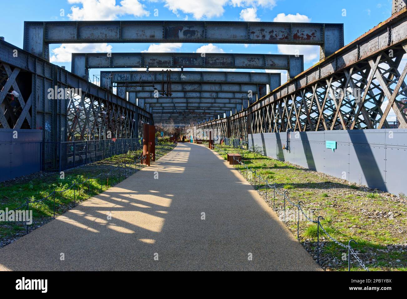 On the Castlefield Viaduct elevated linear park, made in the style of ...