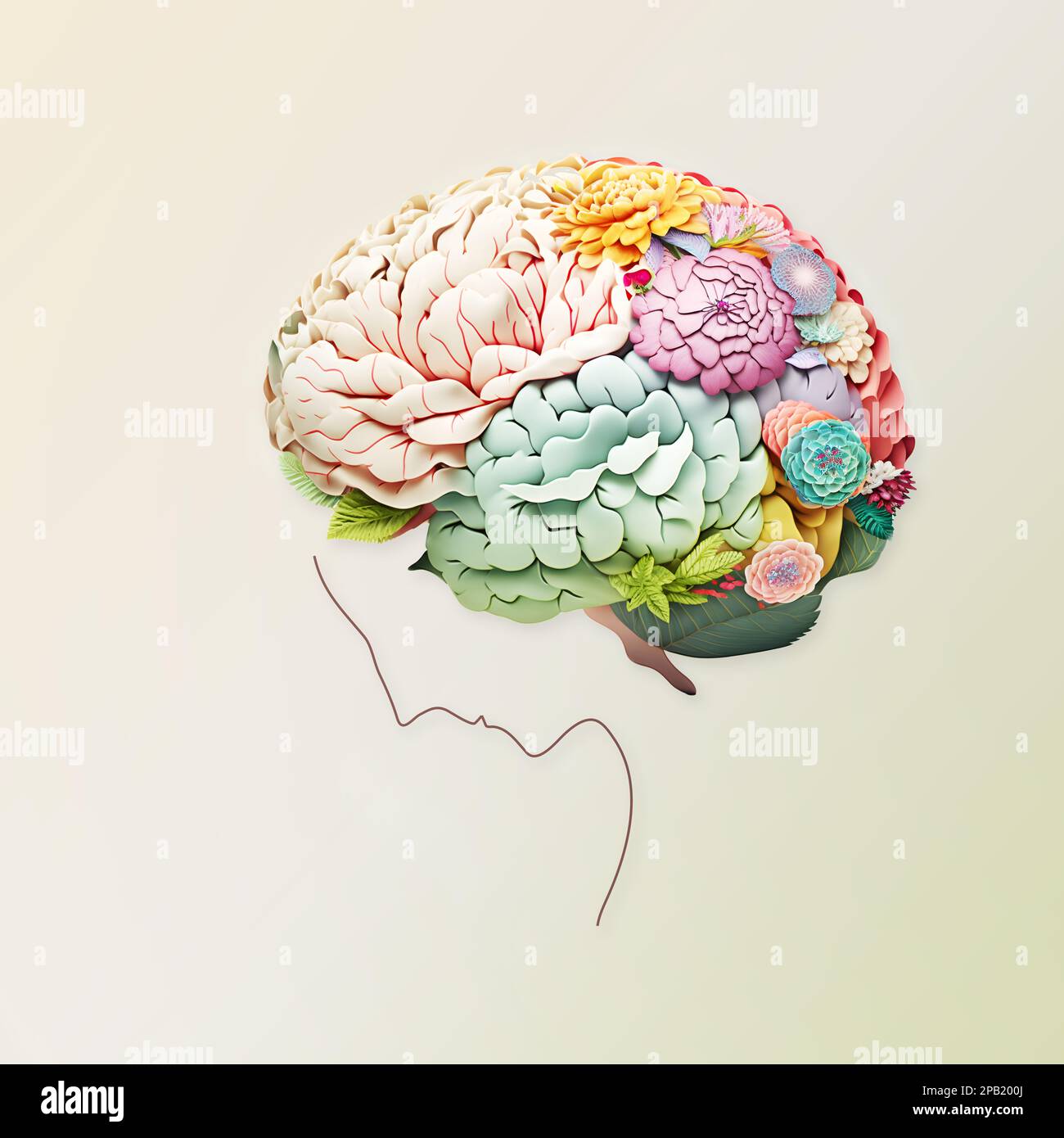 Mental and emotional health concept. Female head with beautiful flowers ...