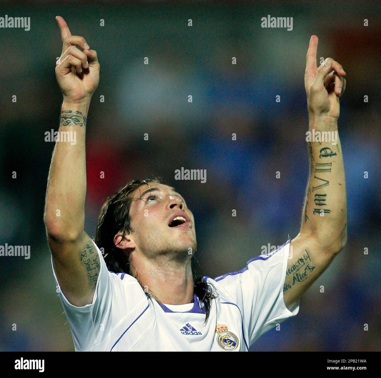 Real Madrid player Sergio Ramos celebrates scoring a goal against ...