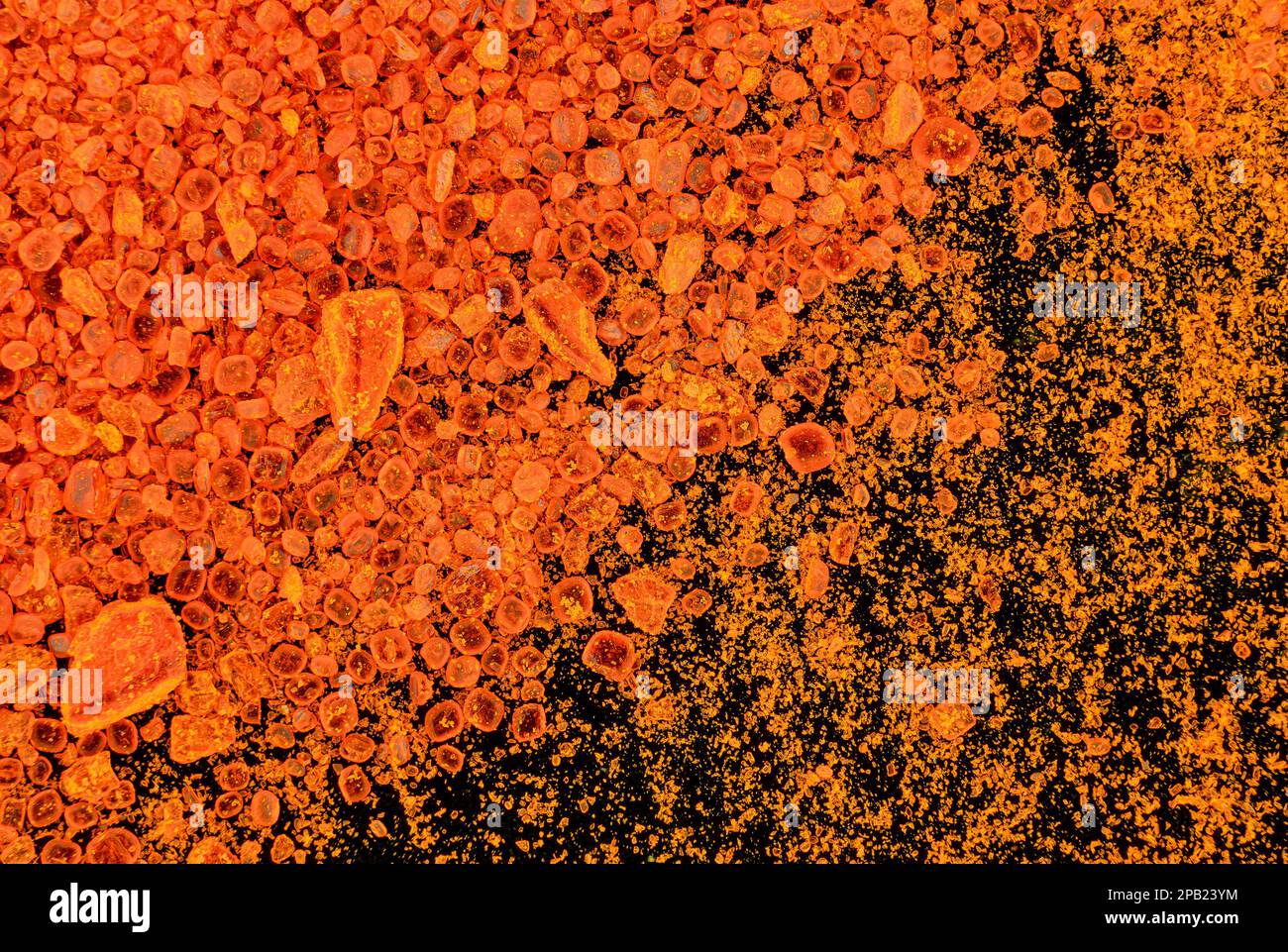 Small bright orange crystals of potassium dichromate, microscope photo ...