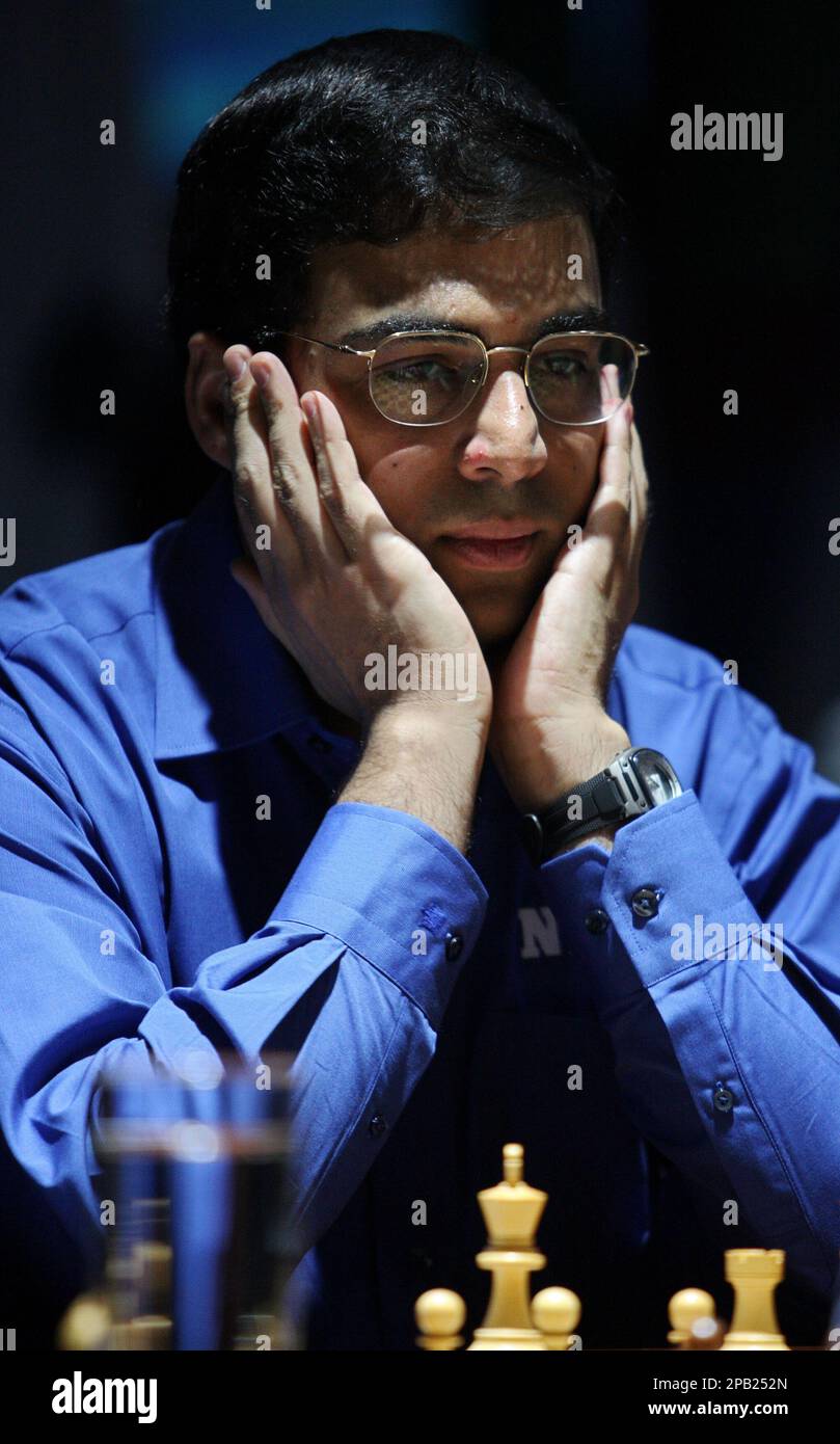 India's grand master Viswanathan Anand concentrates as he plays a chess ...