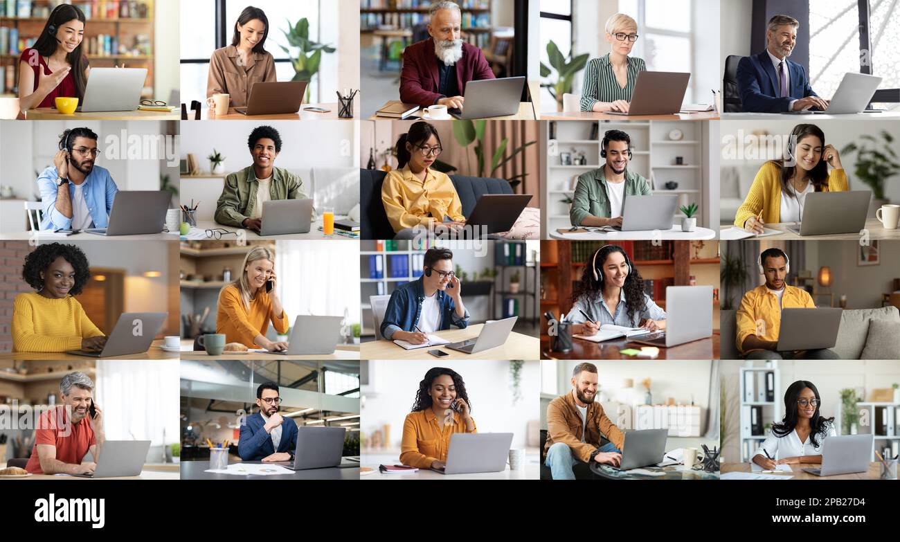 Collection of multiracial entrepreneurs working on laptop, collage ...