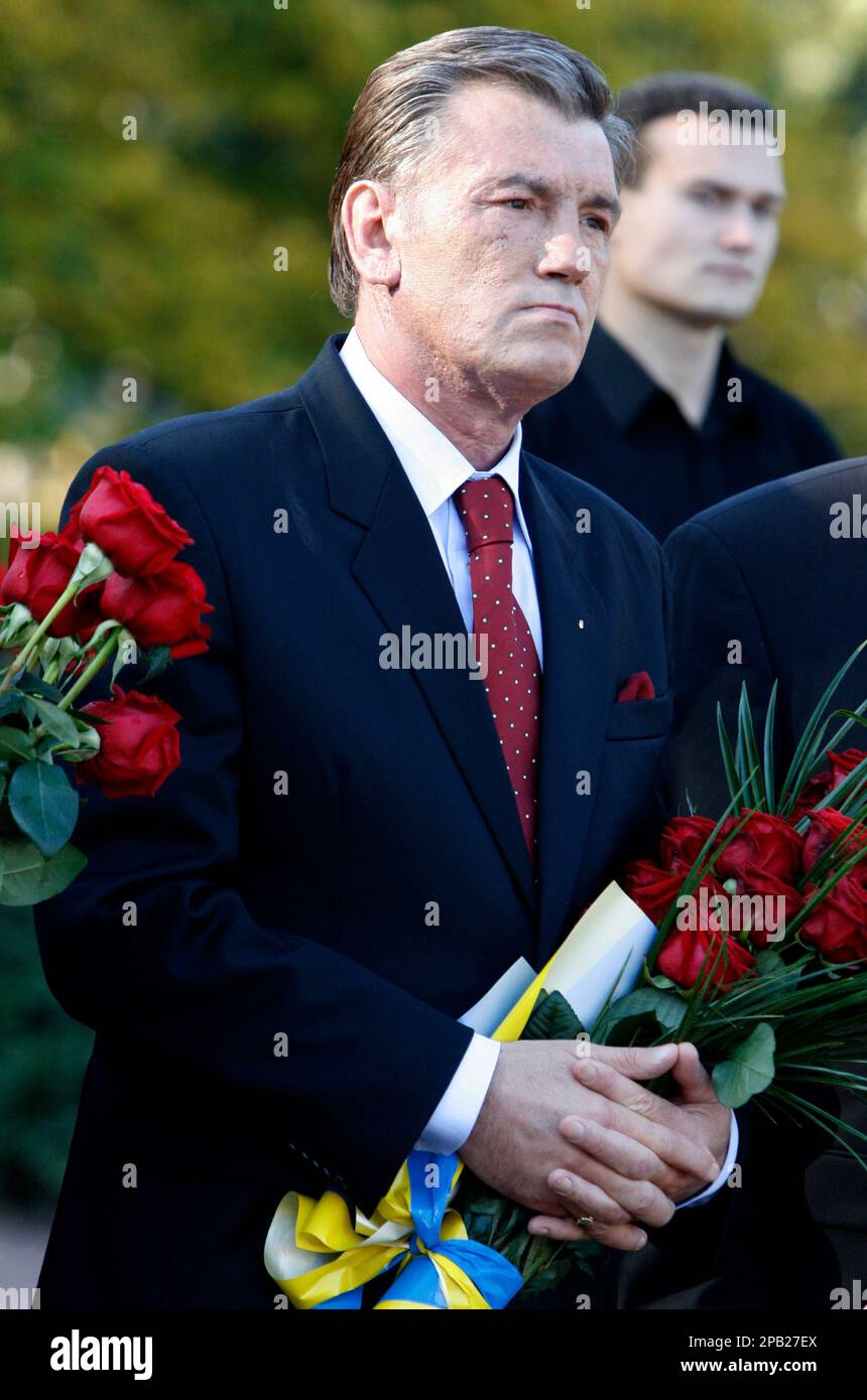 Ukrainian President Viktor Yushchenko attends a ceremony at a monument ...