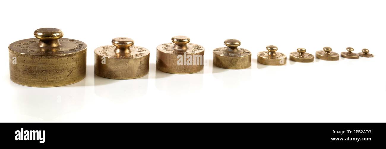 Old brass weights isolated on white background - Panorama Stock Photo ...