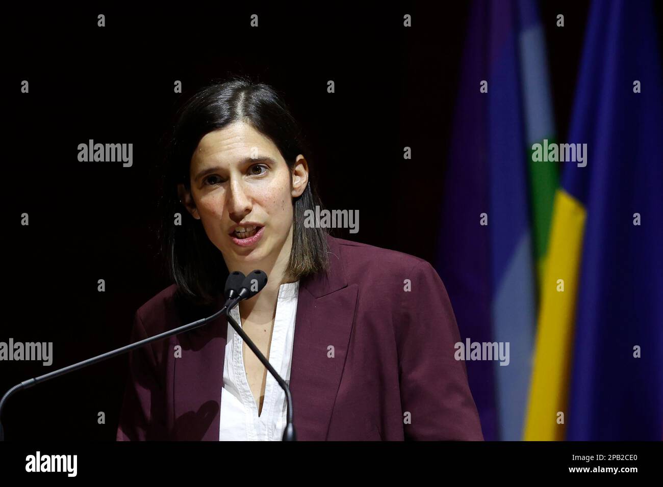 Rome, Italy. 12th Mar, 2023. Elly Schlein reacts during the center-left ...
