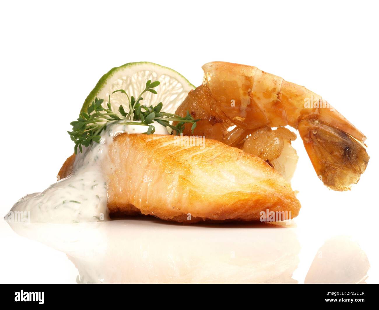 Grilled Salmon Fillet and Tiger Prawn on white Background Stock Photo ...
