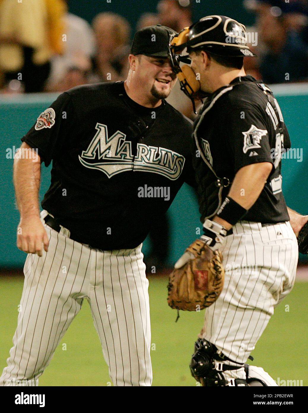 Florida Marlins pitcher Lee Gardner, left, and catcher Matt Treanor ...