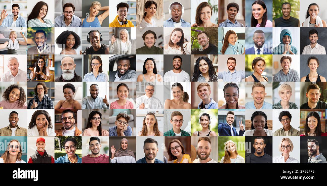 Positive multicultural people enjoying life, smiling at camera, collage ...