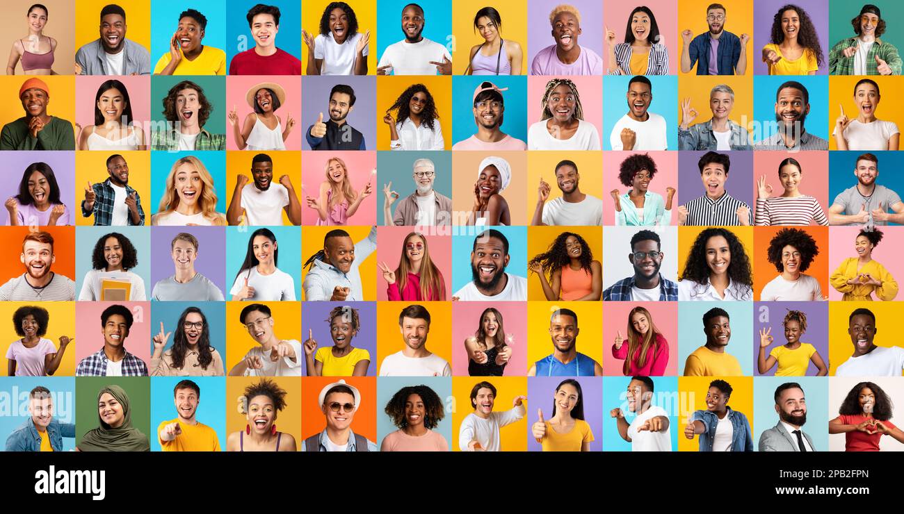 Positive Emotions. Set Of Diverse Happy Multiethnic People Portraits ...