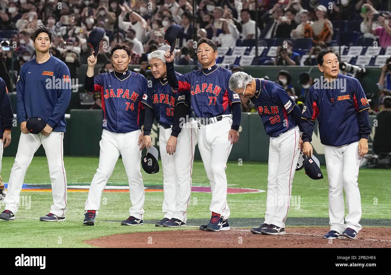 Japan national baseball team manager Hideki Kuriyama (far R) and other ...