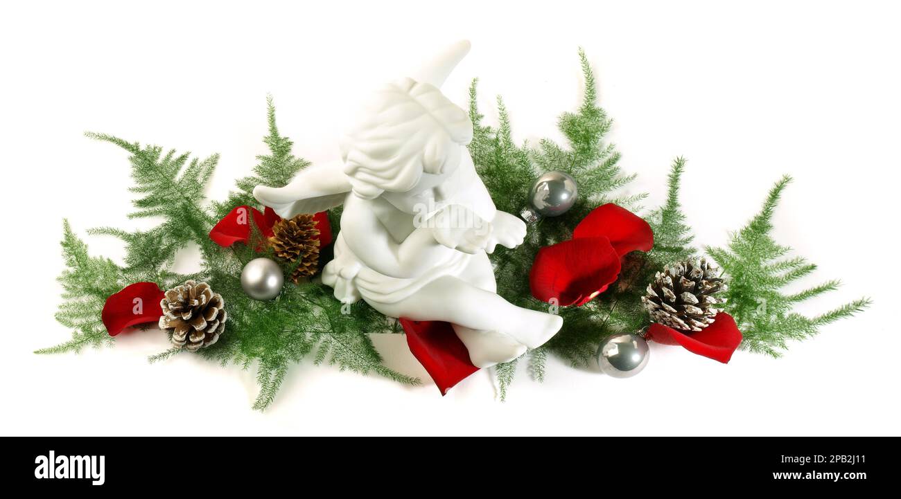 Christmas Angel Banner with Flowers and Roses isolated on white ...