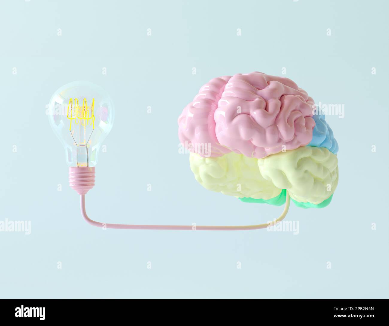 3d Brain with colored parts connected to glowing light bulb. Creative ...