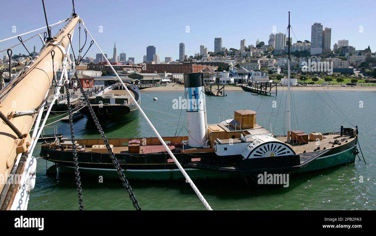 The San Francisco skyline backdrops the steel tug boat Eppleton Hall ...