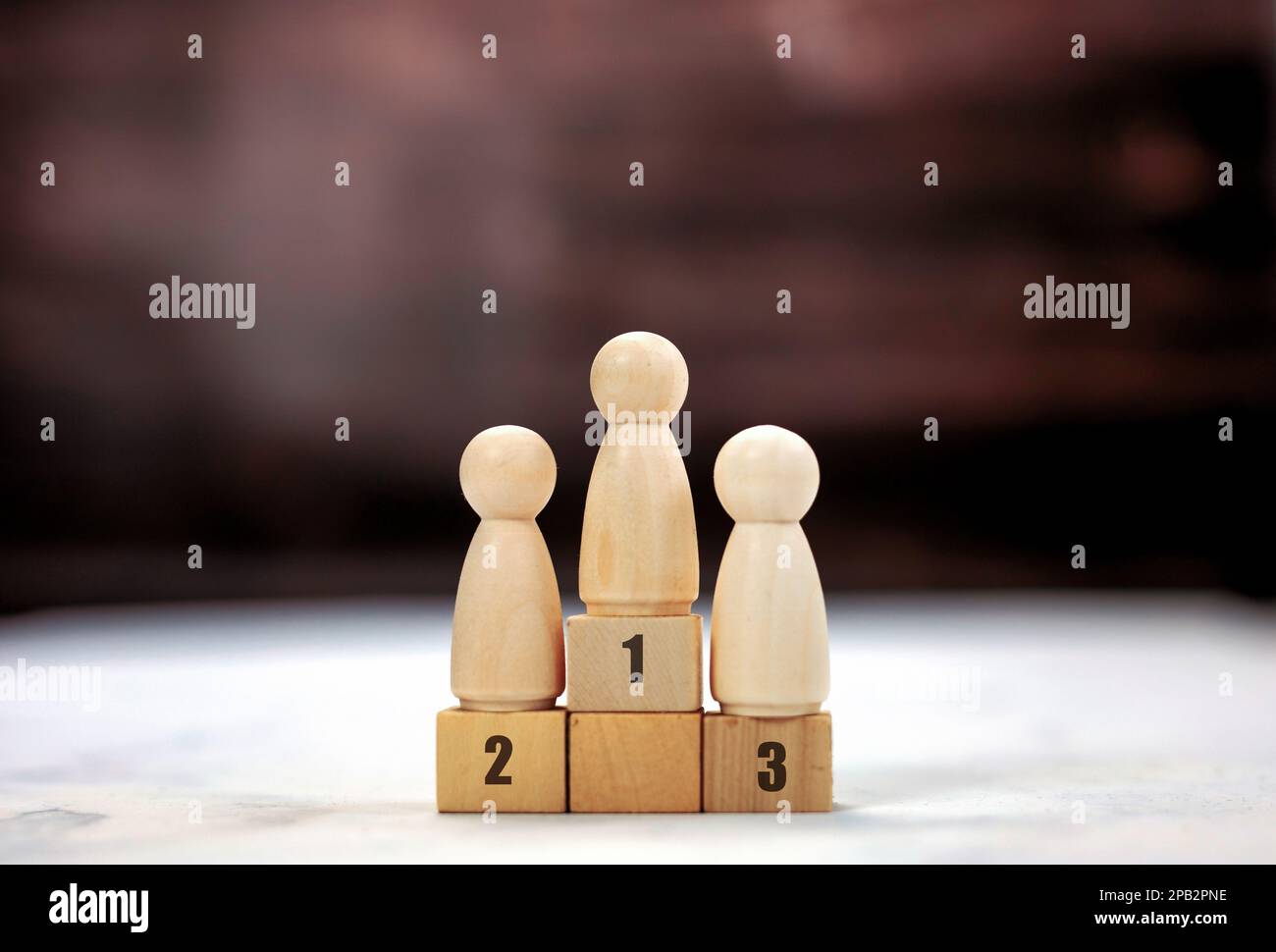 Achievement concept. Wooden podium 1, 2, 3, human standing on podium ...