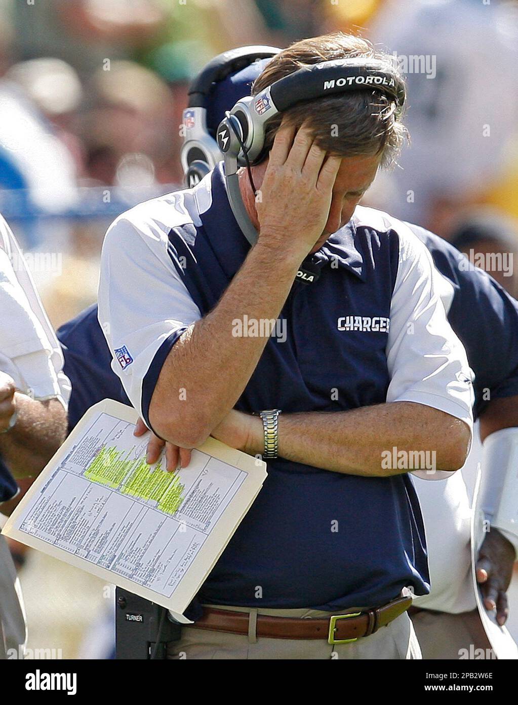 San Diego Chargers coach Norv Turner holds his head down during the ...