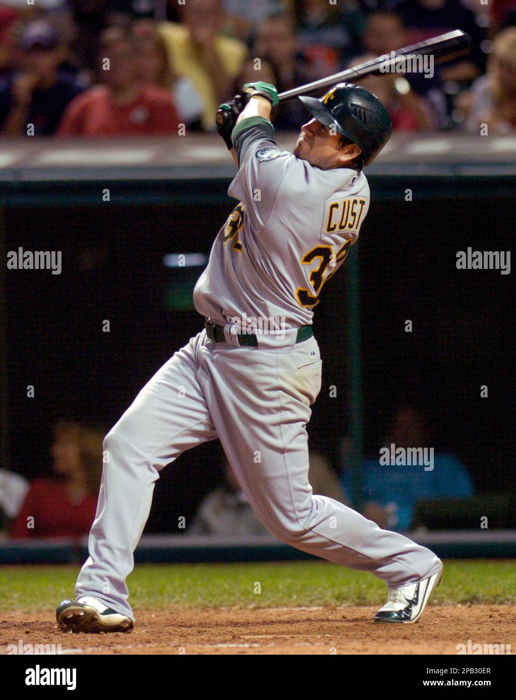 Oakland Athletics' Jack Cust hits a two-run homer off Cleveland Indians ...