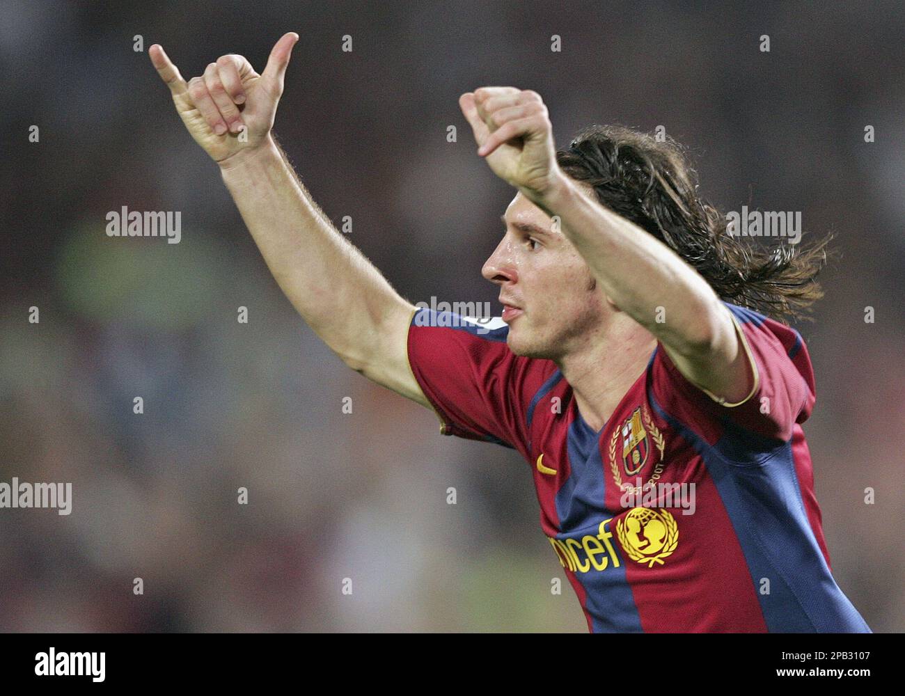 FC Barcelona's Lionel Messi, from Argentina, celebrates his goal ...