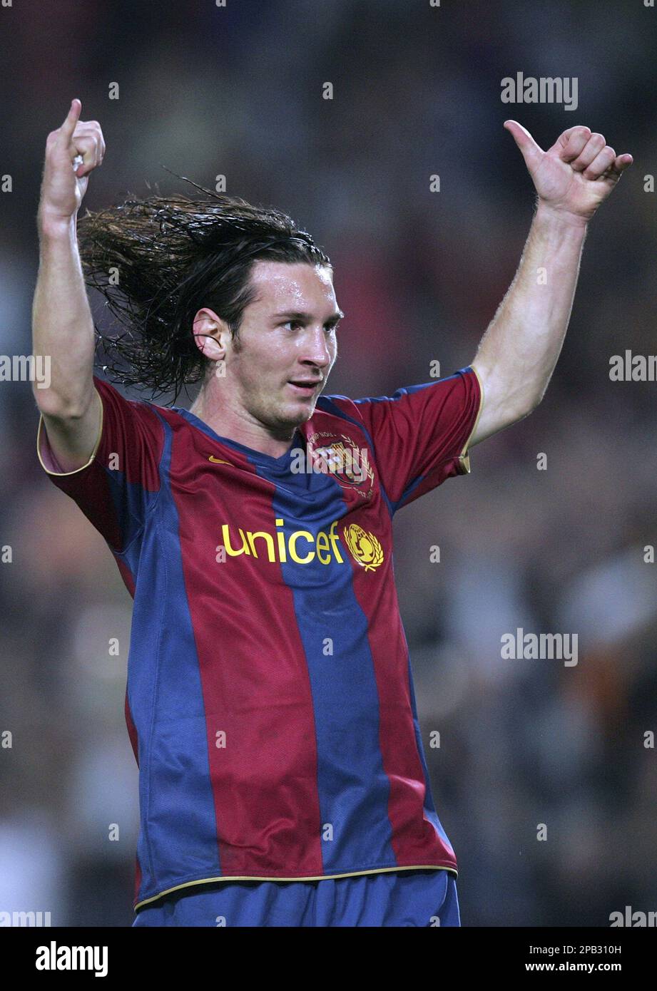 FC Barcelona's Lionel Messi, from Argentina, celebrates his goal ...