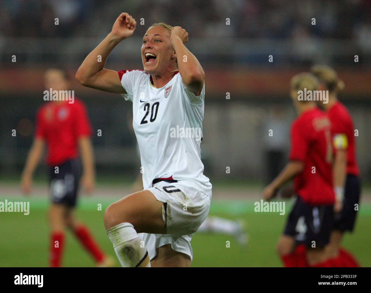 Abby Wambach of the United States reacts after scoring the first goal ...