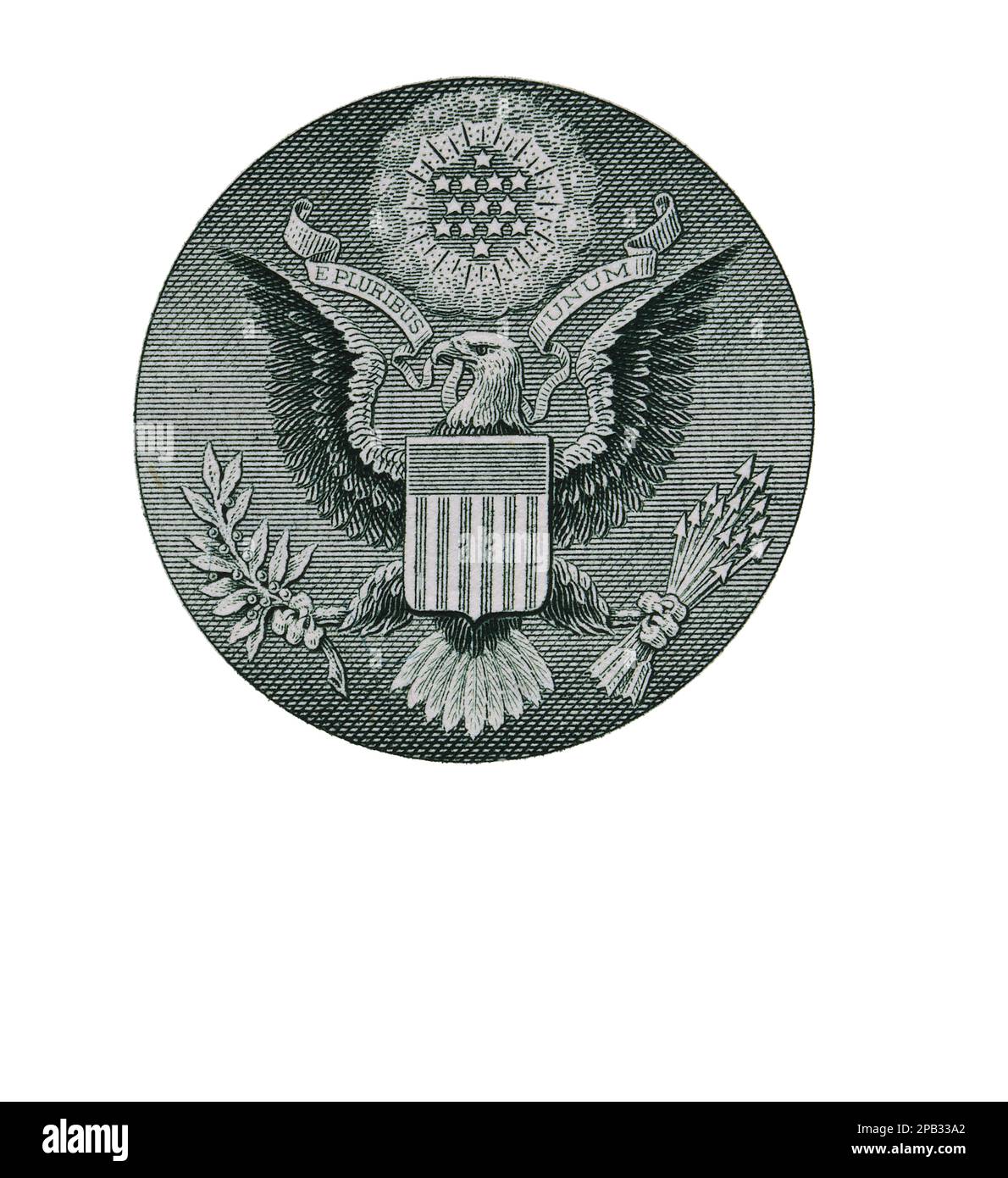 Closeup of the Great Seal of the United States on 1 dollar banknote for ...